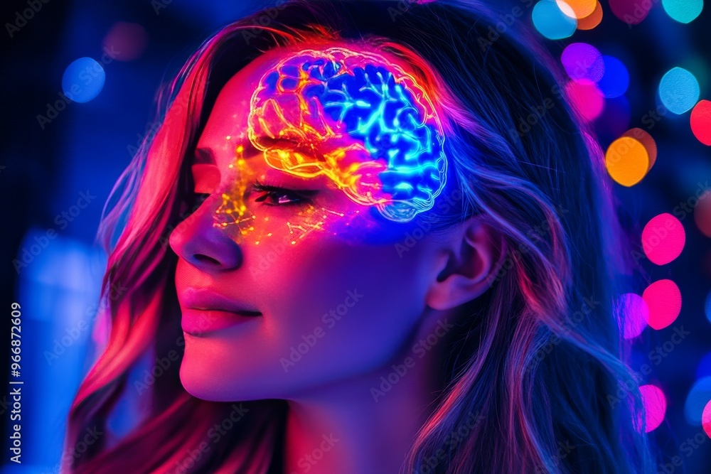 Neurotransmitter release cortical enhancement and neuronal computation woman with glowing brain ...