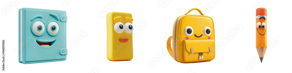 Cute cartoon school supplies on transparent white background, cut out ...