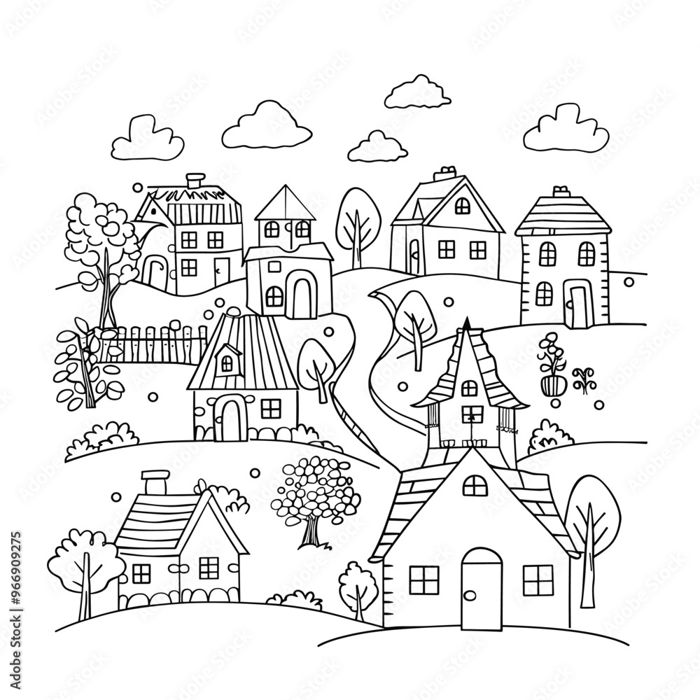 Cartoon of a small town coloring page for kids, Village Scene Coloring ...