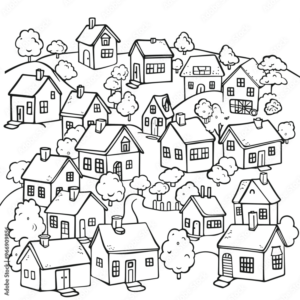 Cartoon of a small town coloring page for kids, Village Scene Coloring ...