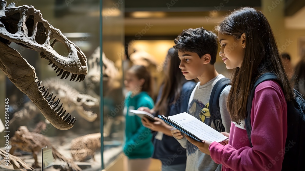 Students exploring a museum, looking at dinosaur fossils and historical ...