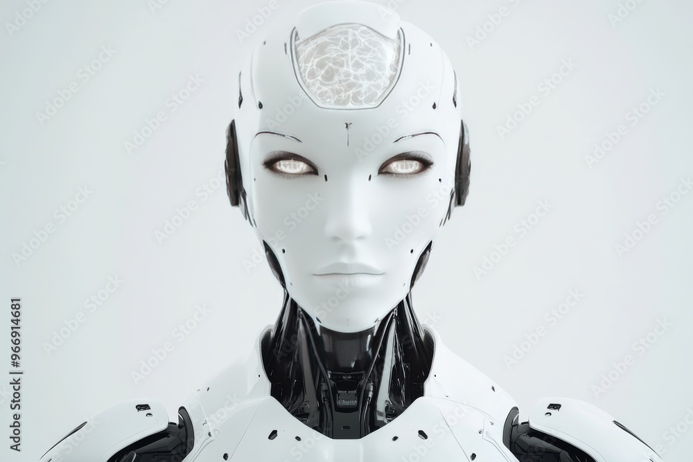 AI neuron and quantum white humanoid robot with futuristic face design ...