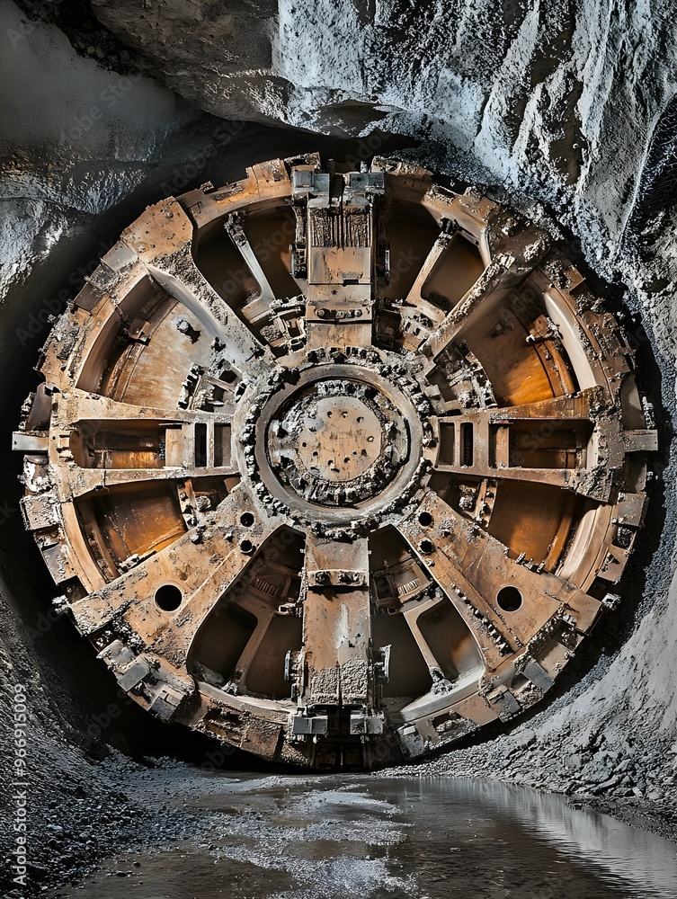 The front view of a tunnel boring machine’s cutter head shows it ...