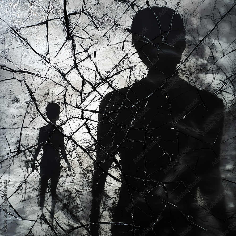 Two shadowy figures stand behind a cracked glass surface, creating an ...