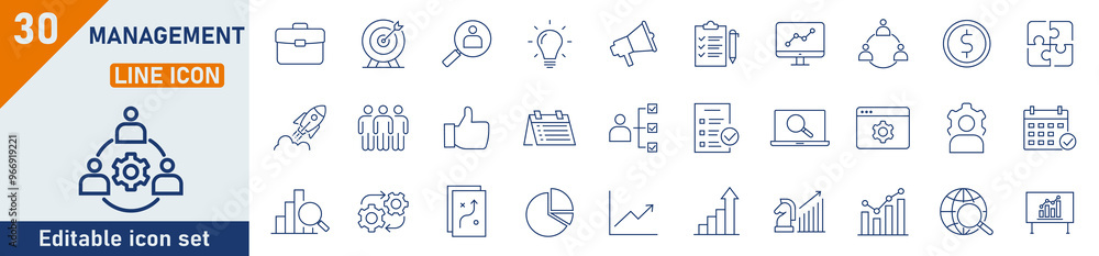 Management line icon set. Set of 30 outline icons related to management ...