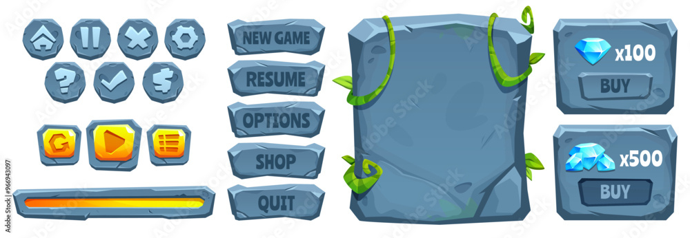 Jungle stone game ui buttons set isolated on white background. Vector ...