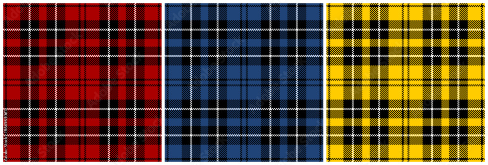Red, dark navy blue and yellow tartan plaid pattern set. Vector ...