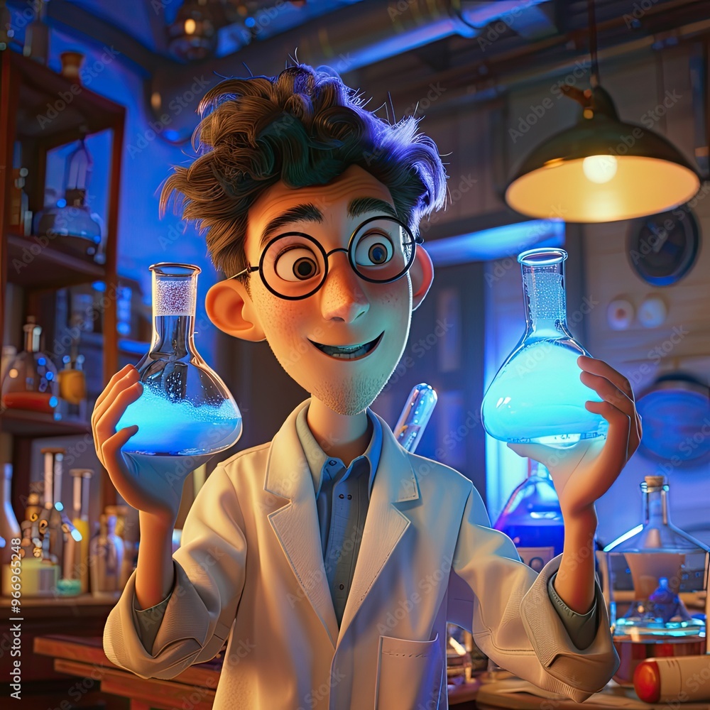 adorable young scientist character, shown in a dynamic and colorful lab ...