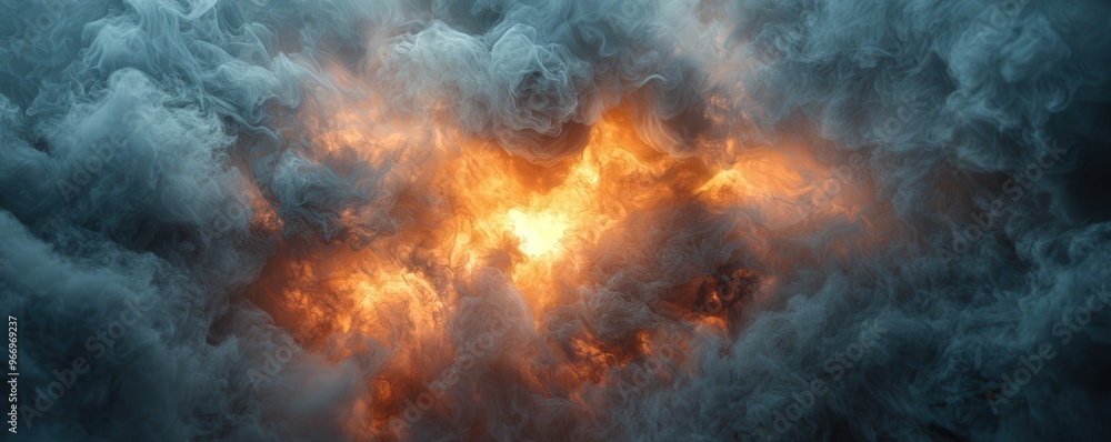 Intense real smoke explosion with a clear center, enveloped in thick ...