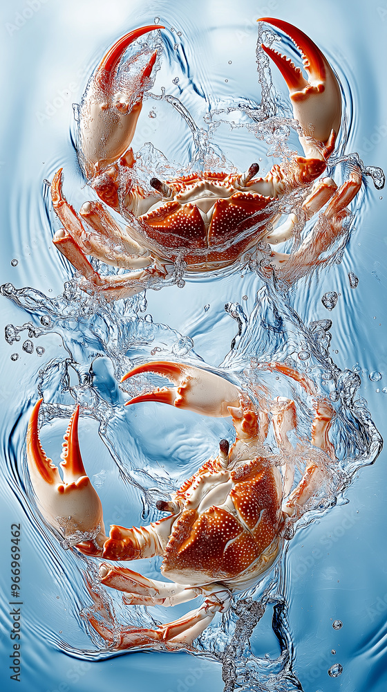 Two crabs caught in a splash of water, their vibrant orange shells ...