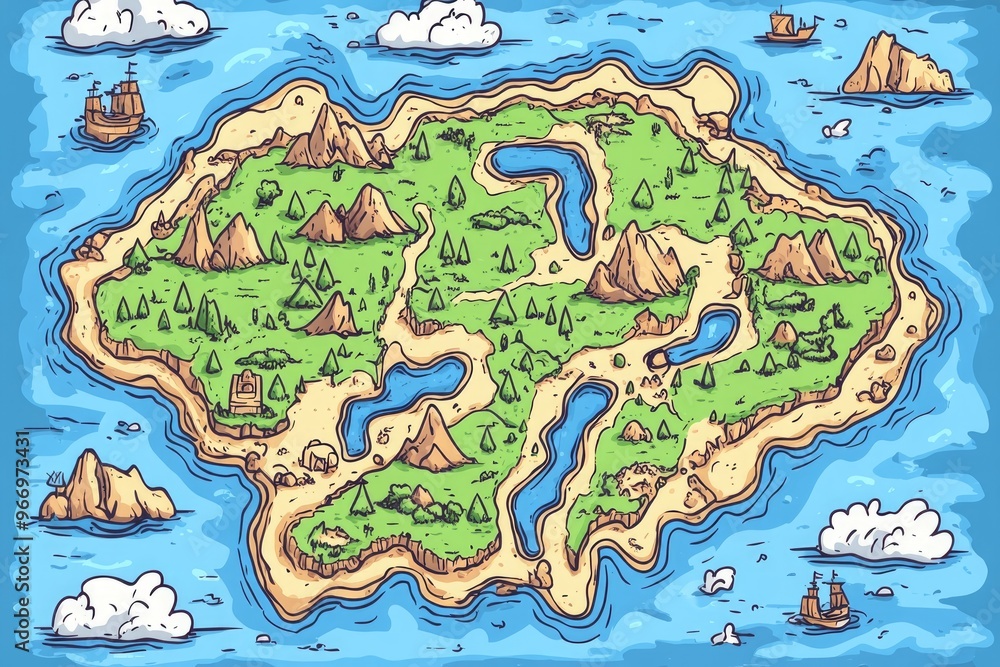 High quality 2D cartoon illustration of a simple hand drawn map ...