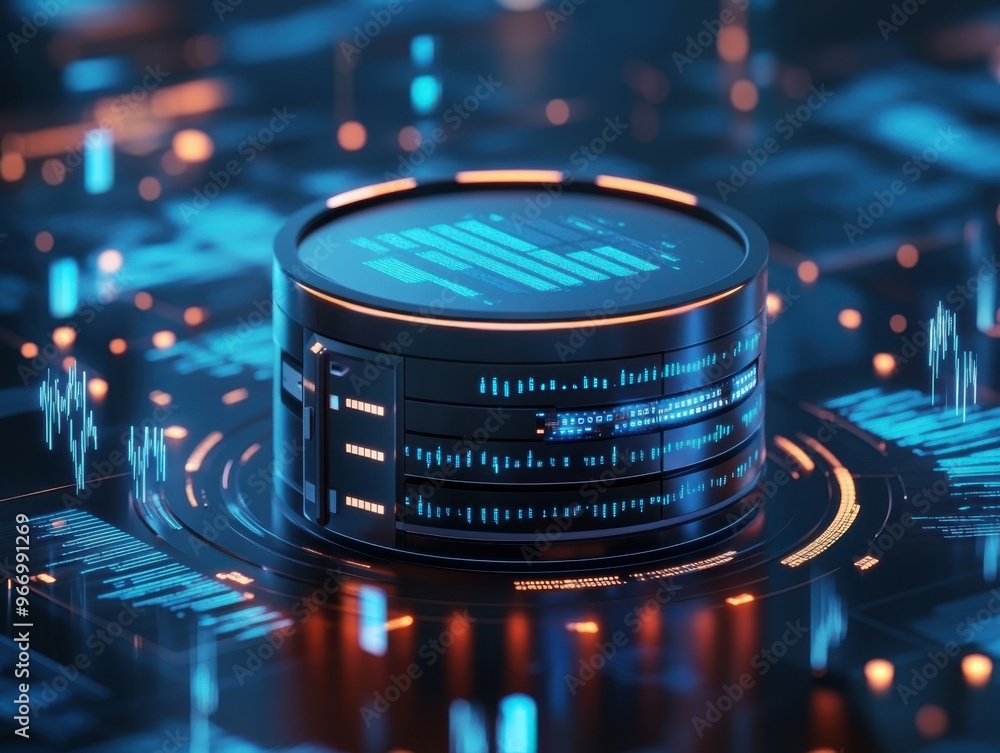 A metallic 3D icon of a server with illuminated blue data streams ...