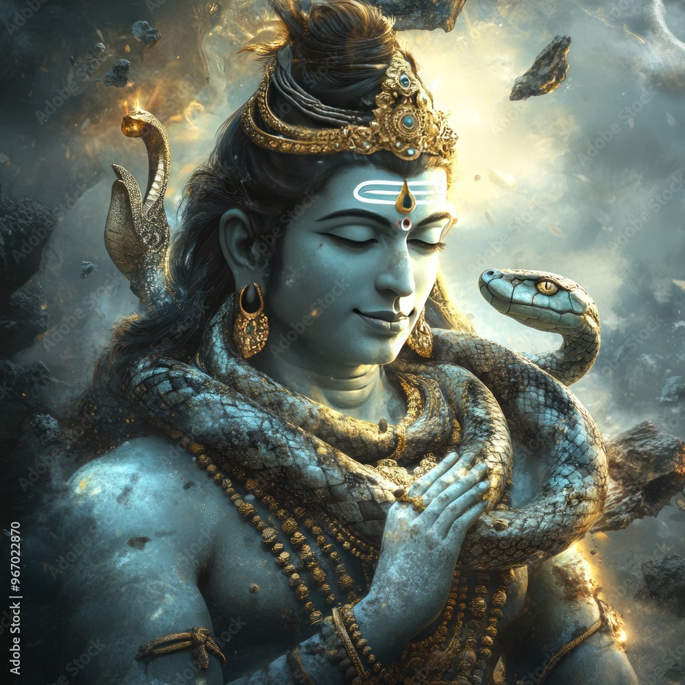 A digital painting of the Hindu god Shiva with a snake wrapped around ...