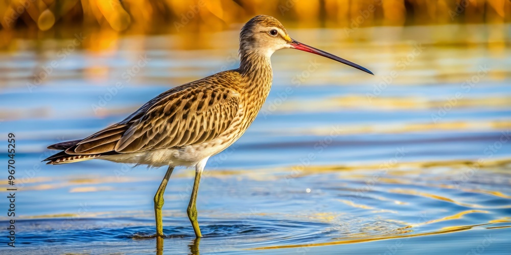 The wading bird stands alert in shallow water, its long legs submerged ...