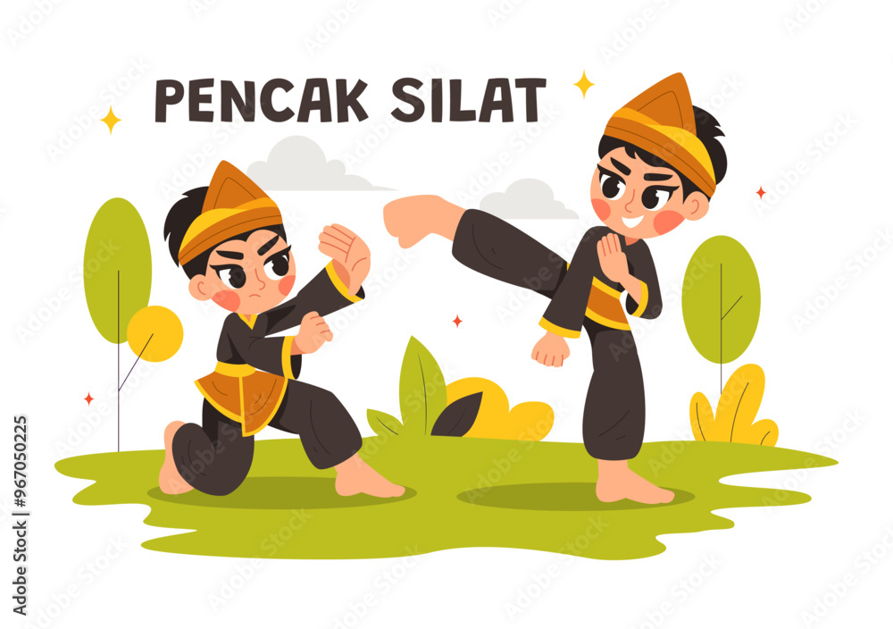 Pencak Silat Sport Vector Illustration featuring Martial Artists Posing ...