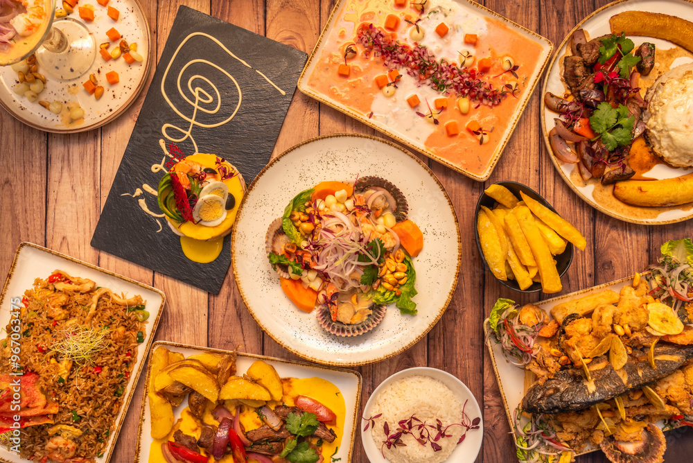 A set of typical dishes that represent Peruvian food with the well ...