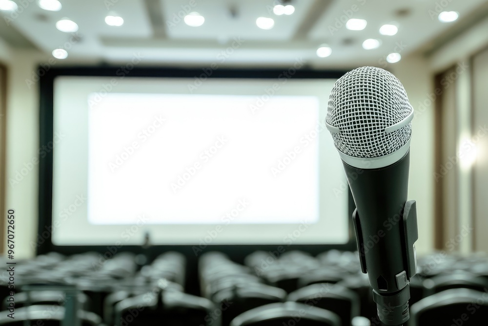Wireless microphone portable on table with blank screen television in ...