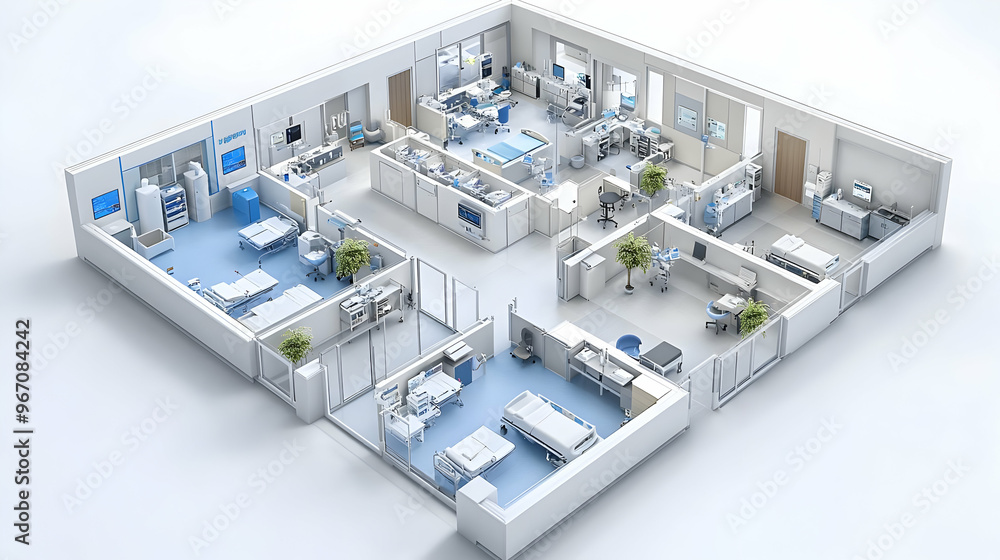 Modern Hospital Ward Design: 3D Render with Patient Rooms, Nurses ...