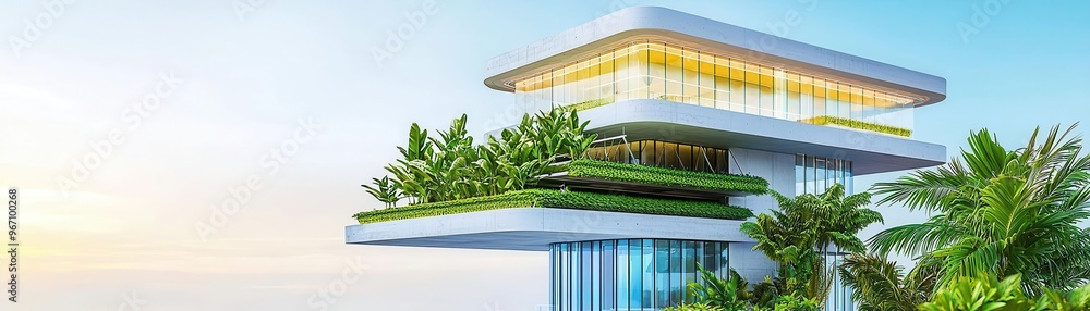 Barn made of sleek concrete and glass, integrated into a vertical farm ...