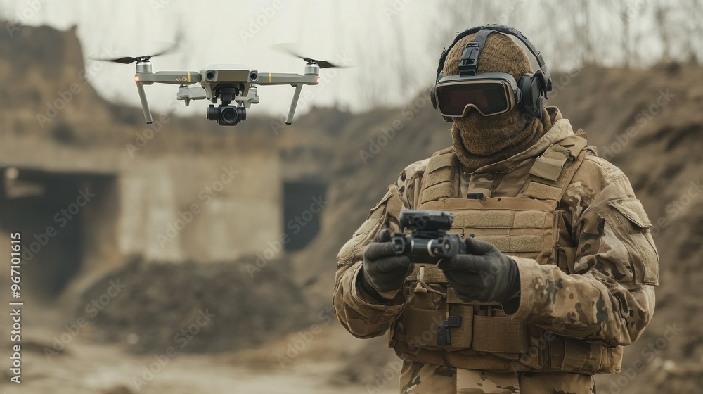 Soldiers, army operations personnel wearing military uniforms, glasses Controlling the drone ...