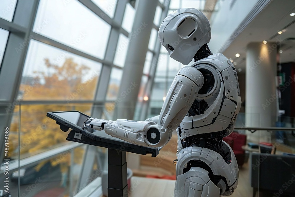 Humanoid Robot Using Electric Adjustable Height Standing Desk Stock ...