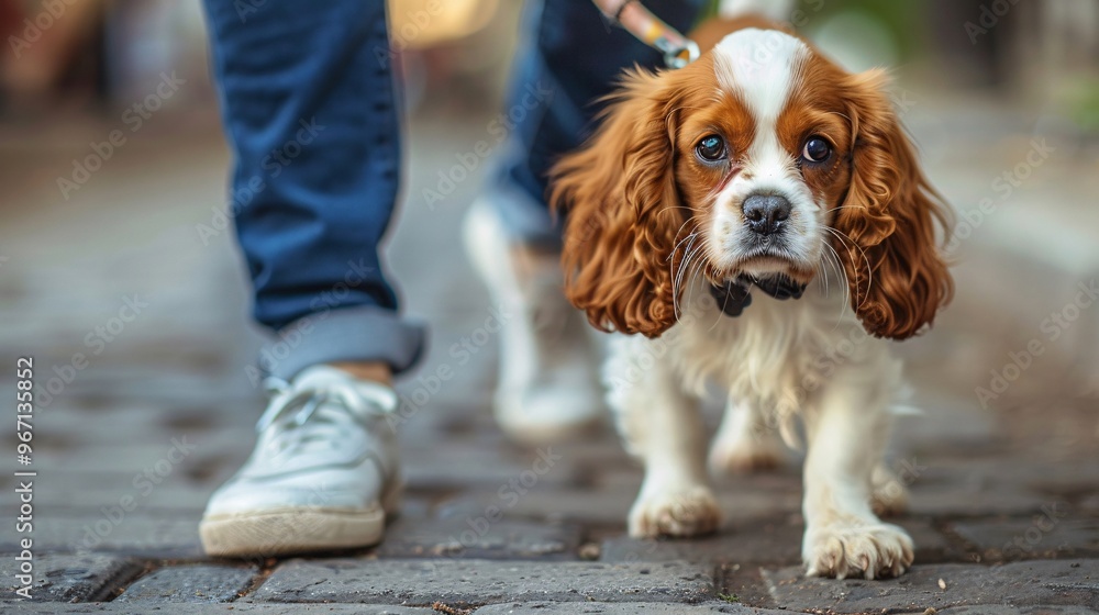 67. Concept: Leashed Purebred dog of Cavalier King Charles Spaniel ...