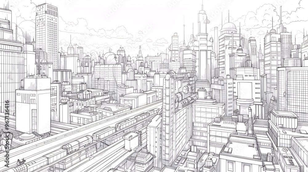 75. An elaborate line drawing of an urban landscape, showing detailed ...