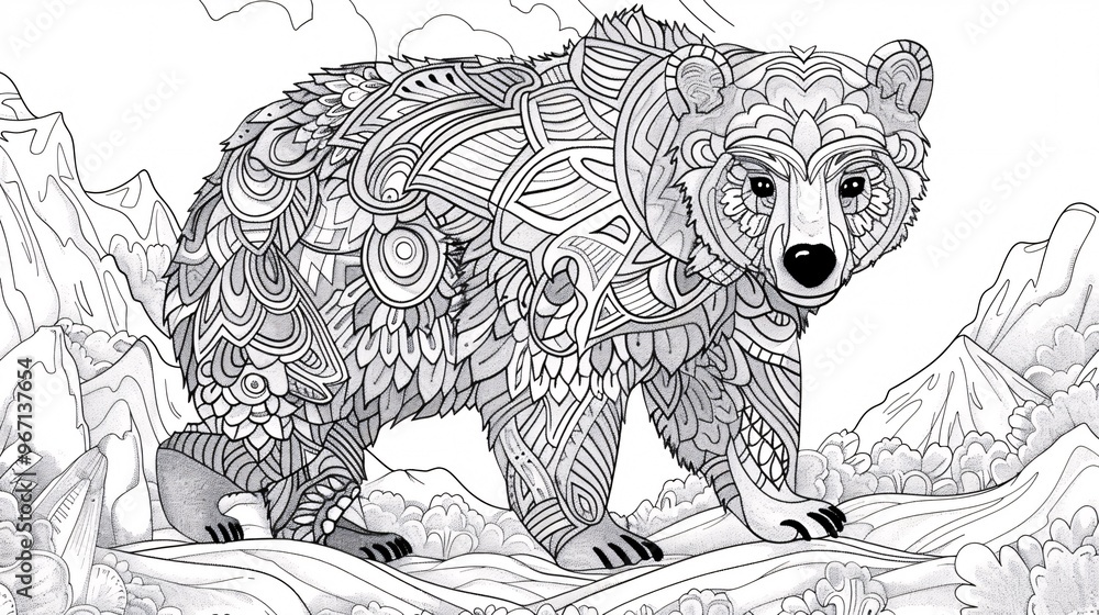 94. A charming bear coloring page designed for children, featuring a ...