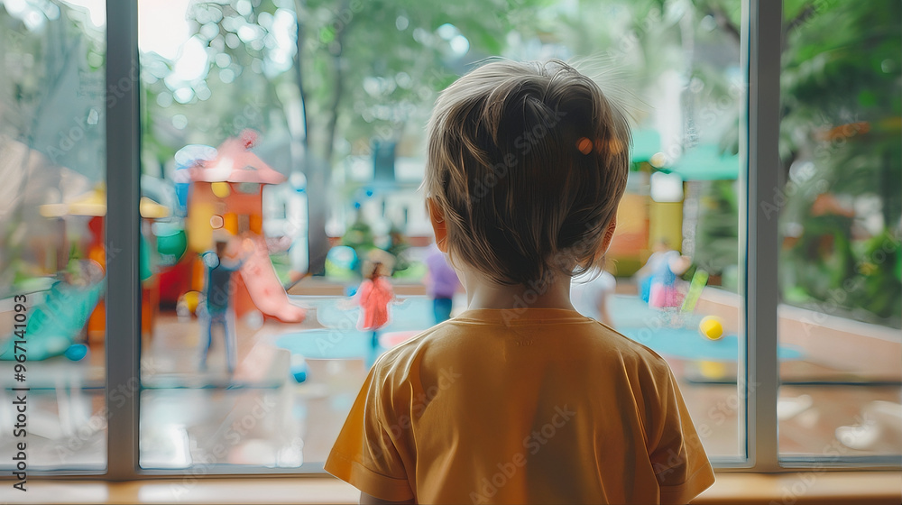 child looking through window at other children playing. Montessori play ...