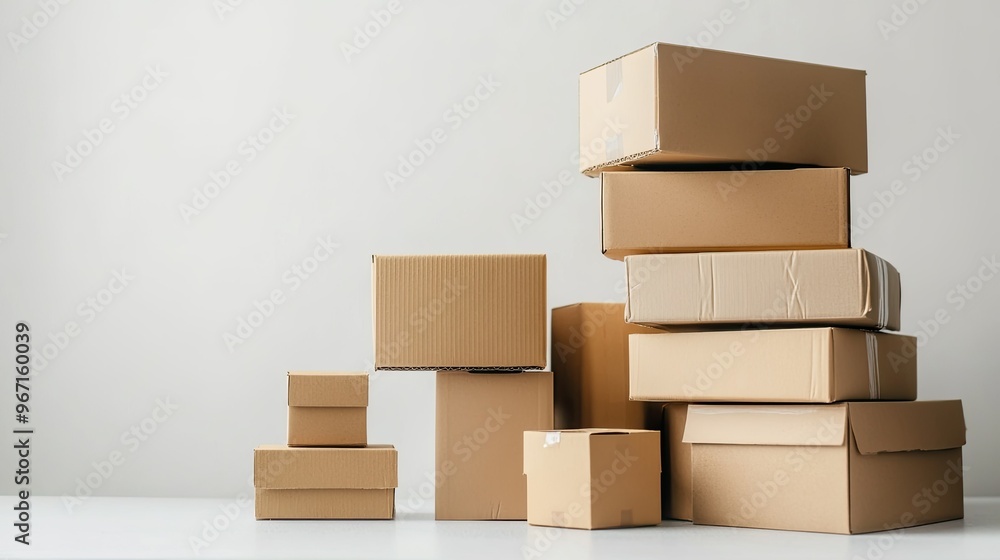 An orderly stack of small, medium, and large cardboard boxes on an ...