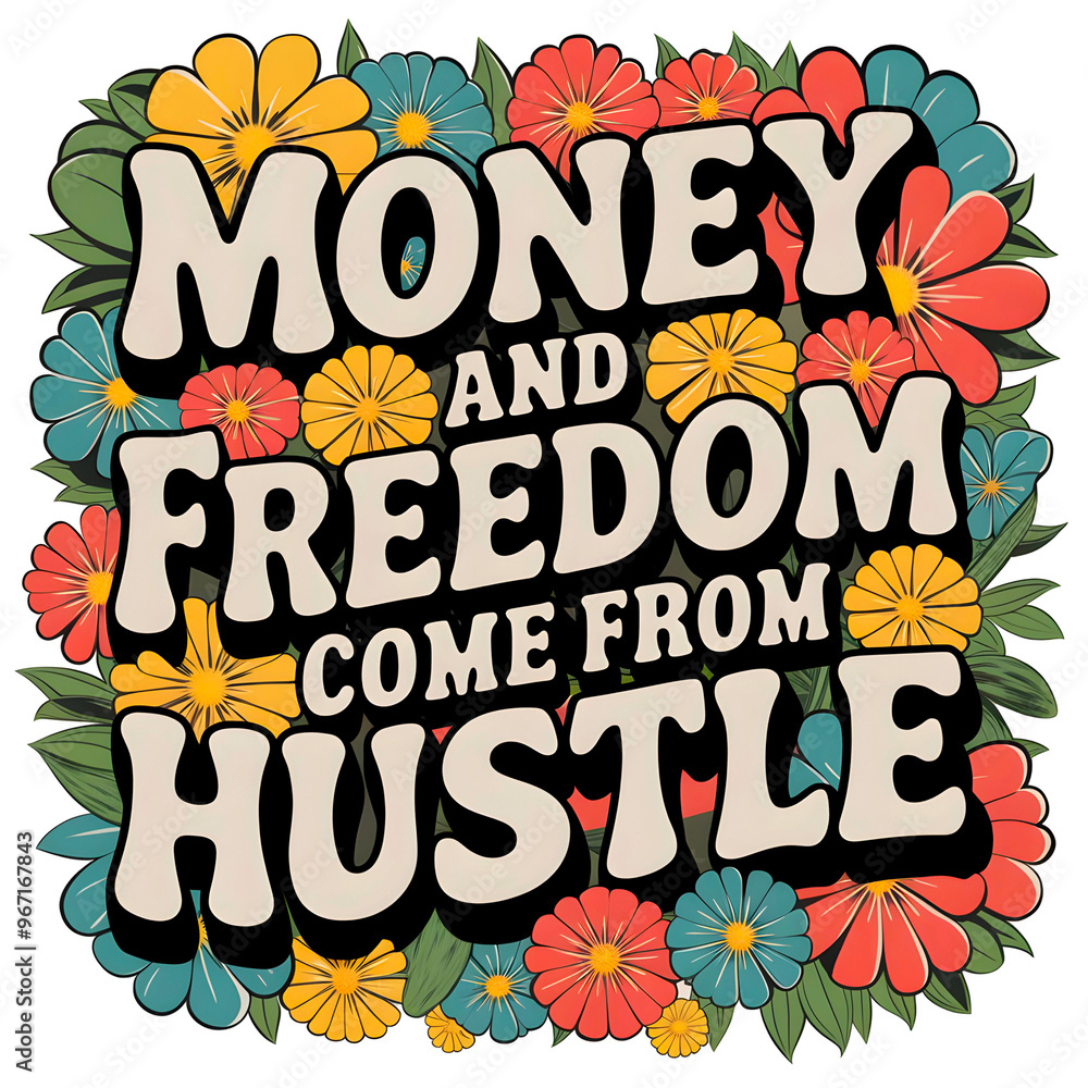 Graphic affirmation quote retro groovy design "Money and freedom come ...
