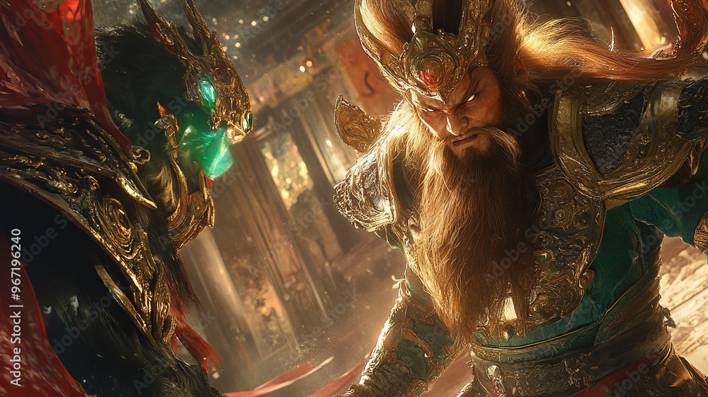 Wukong confronting the Jade Emperor in a grand celestial hall, his eyes ...