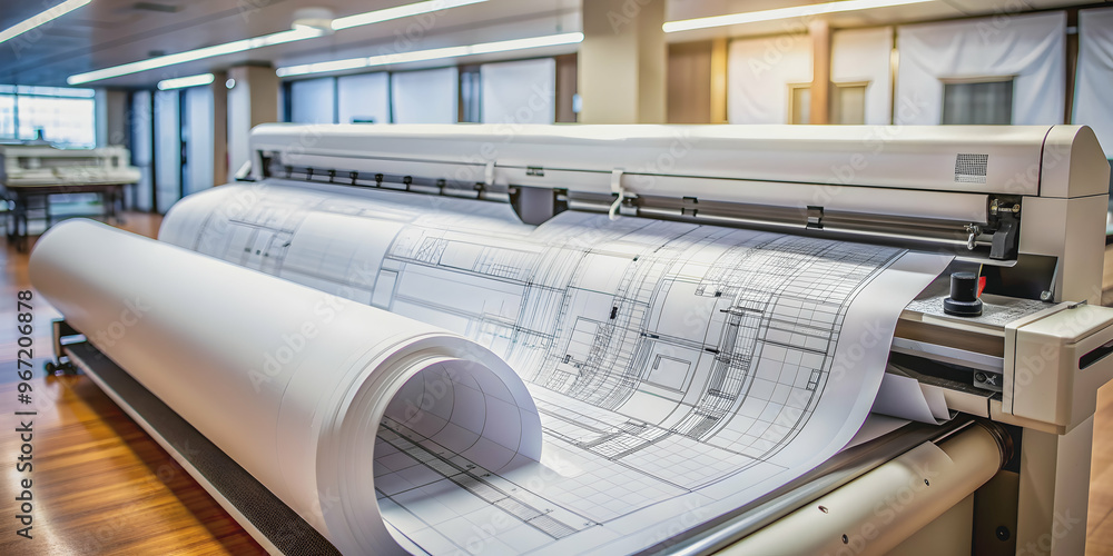 Architectural plans being printed on large format printer on paper roll ...
