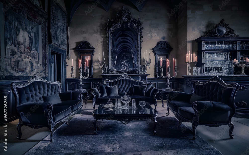 Black living room in a Gothic castle with a couch, mirror, black ...