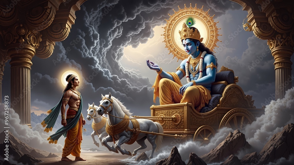 Lord Krishna Offering Divine Guidance to Arjuna on a Chariot Stock Illustration | Adobe Stock