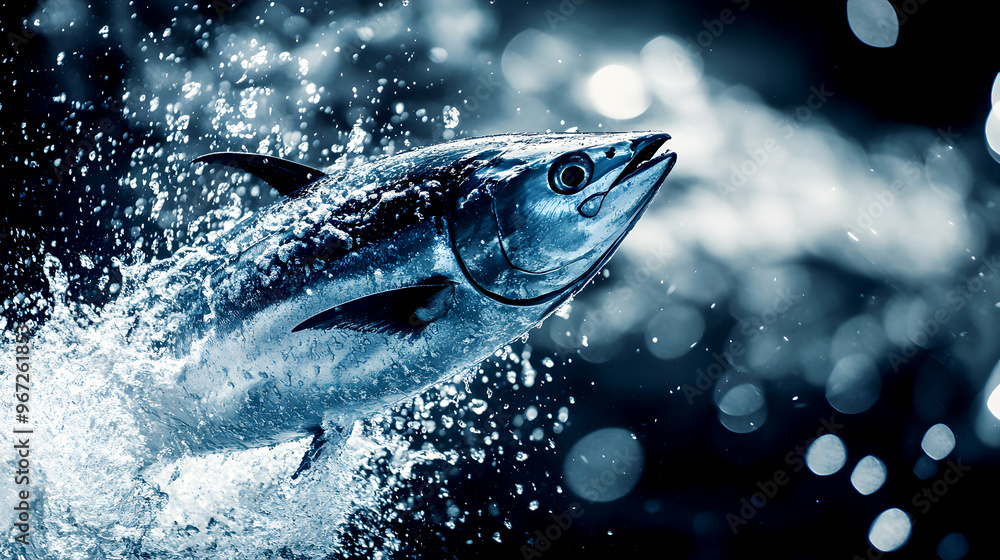 moment frozen in time as a tuna fish exits the water, light dancing off ...