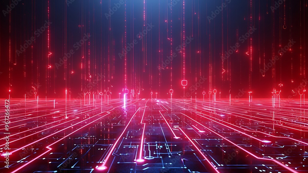 Futuristic digital landscape with glowing red lines and matrix-style ...