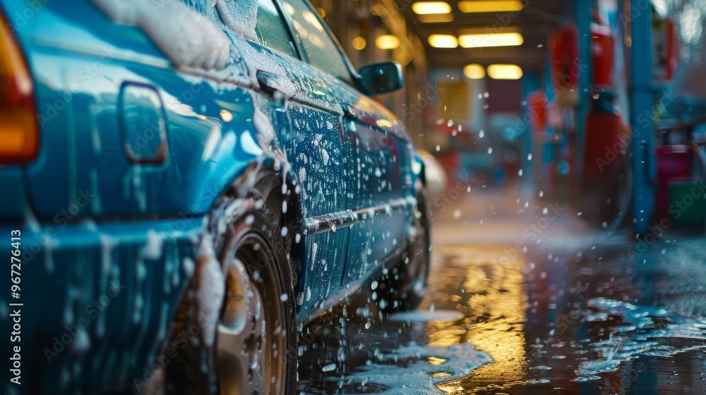 Mobile car wash in action with soapy water splashing at an outdoor ...