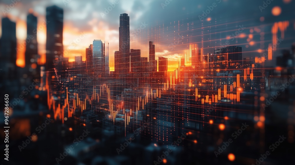Foto de Stock Stock Market Data Overlaying City Skyline at Sunset ...