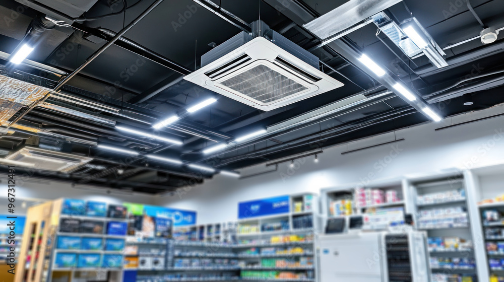 Modern ceiling air conditioning unit in retail store, showcasing well ...