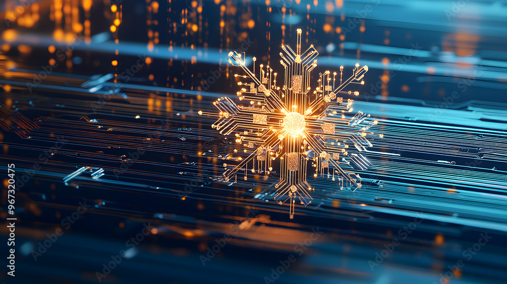 Abstract digital illustration of microchip core on snowflake shape on ...