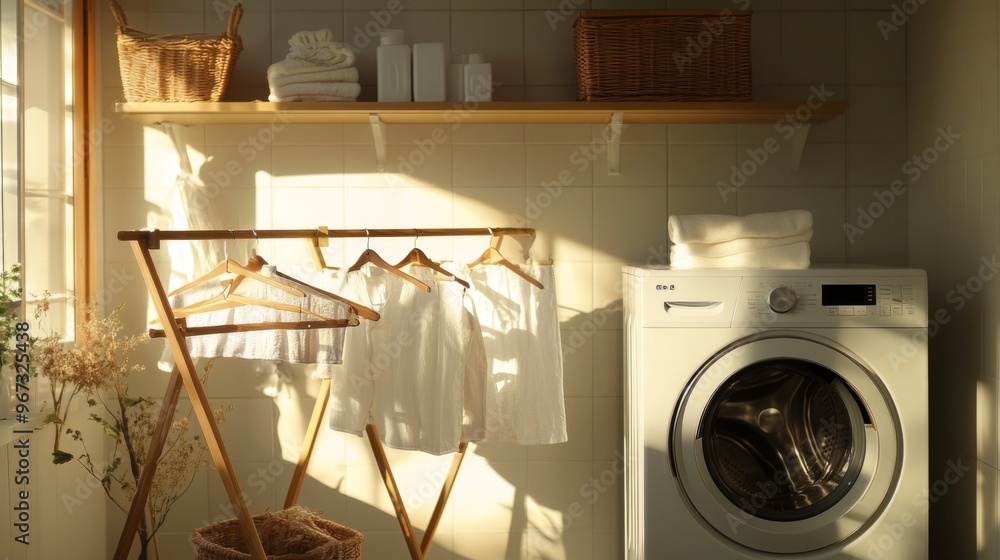 A laundry room scene with a clothes drying rack positioned beside a ...