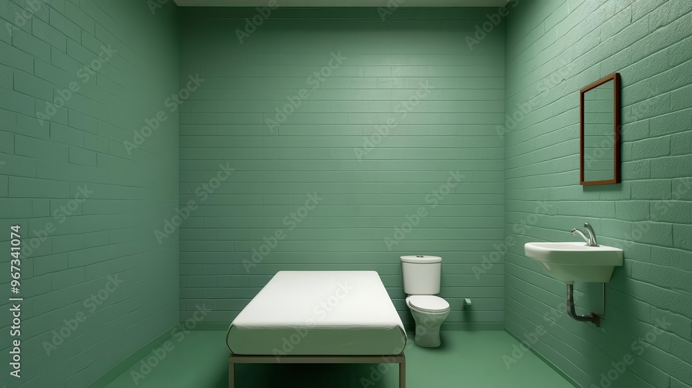 Empty prison cell with a single bed, toilet, and sink, Minimalist ...