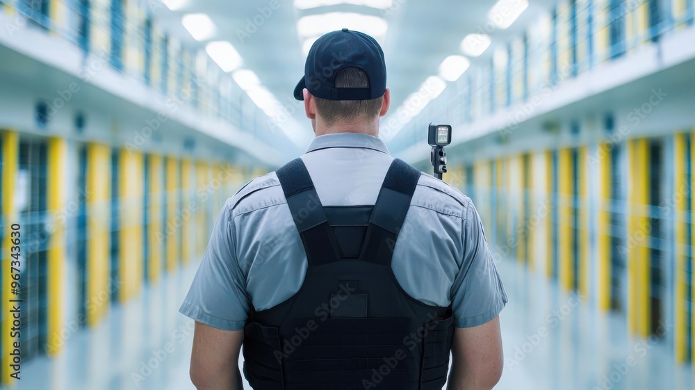 Guard using a metal detector to scan prisoners for hidden contraband ...