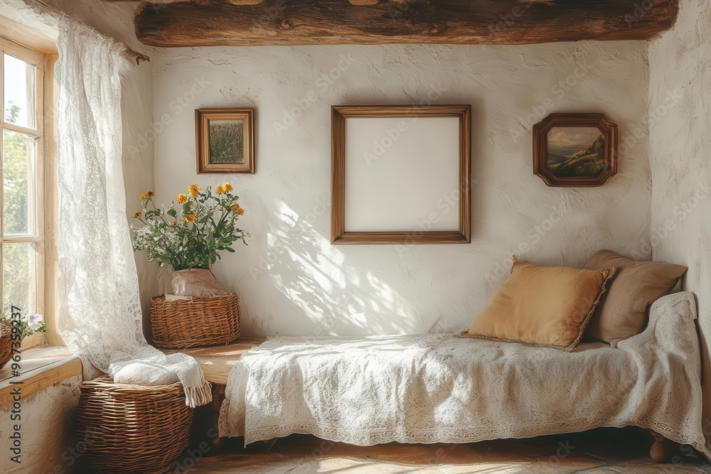 rustic cottage interior with weathered wooden beams empty vintage frame ...