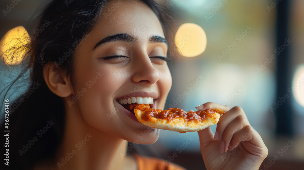 young indian girl eating pizza slice Stock Photo | Adobe Stock