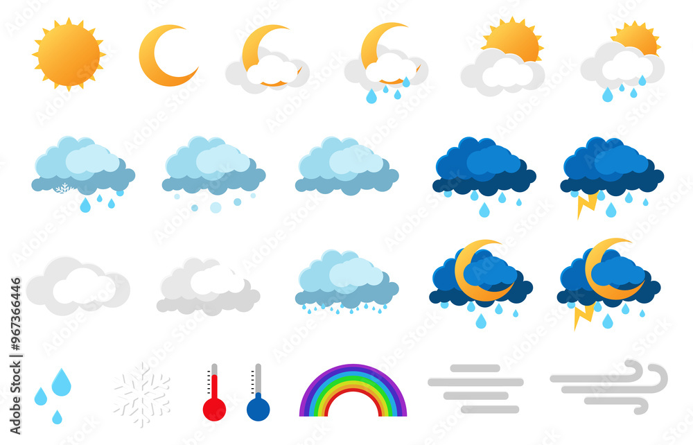 weather icons set on transparent background. White clouds, fog sign ...