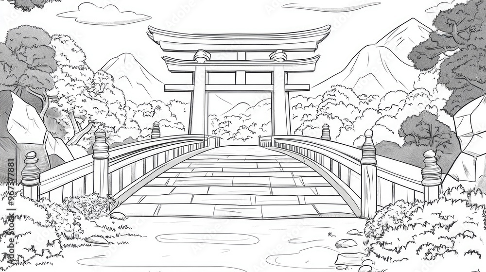 2D cartoon illustration featuring a Japanese style gate and bridge ...