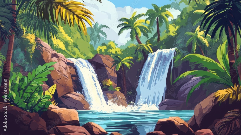 Vibrant tropical scenery featuring a waterfall cascading over rocks ...