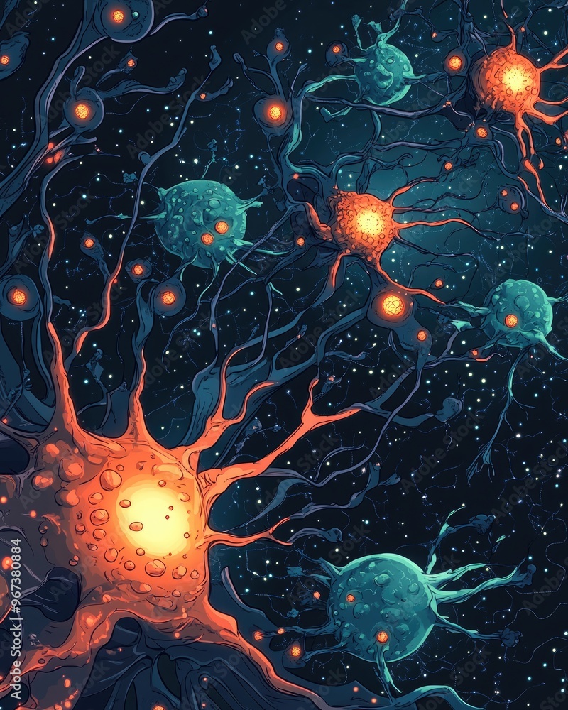 2D cartoon illustration of a neural network interconnected with stains ...